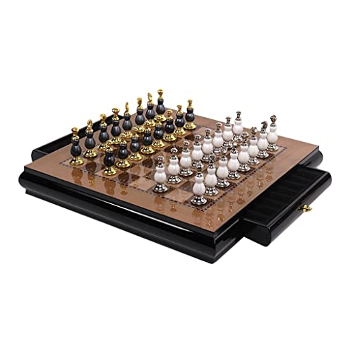 15.7" Luxurious Chess Set Wooden Chessboard Set Zinc Alloy Pieces with Drawer Portable Chess Board Game Sets for Adults Gift