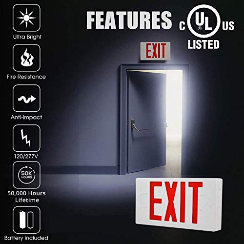OSTEK Red LED Exit Emergency Sign Light - Standard - Battery Backup, Dual LED Lamp ABS Fire Resistance UL-Listed 120-277V (RED EXIT SIGN)