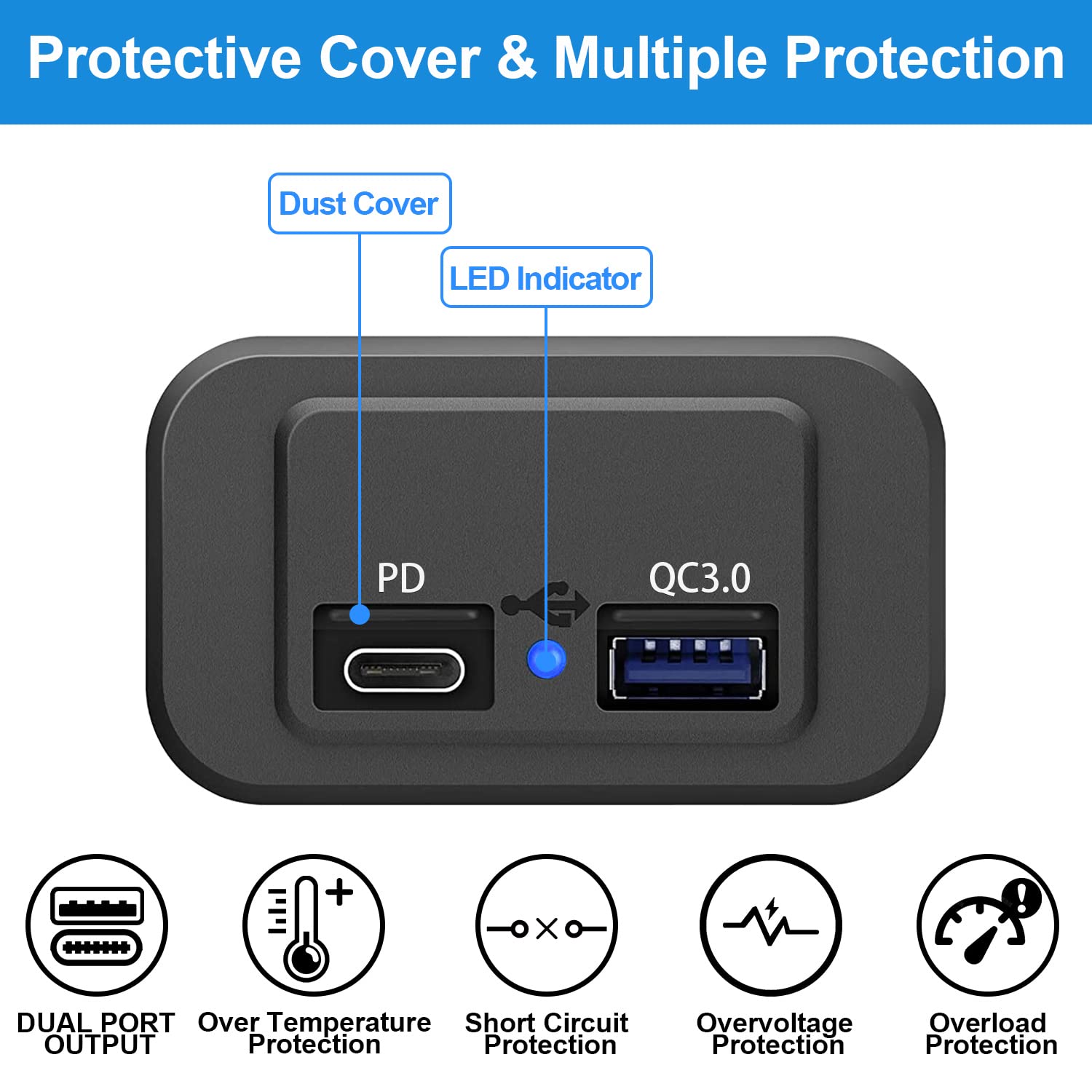12V USB Outlet 12V Switch Panel with Type C and QC3.0 USB Car Charger Socket Power Outlet, Panel Mount Dual Port 12V 24V Quick Car Charger for Cars Bus ATV RV Boat Truck,2 PCS