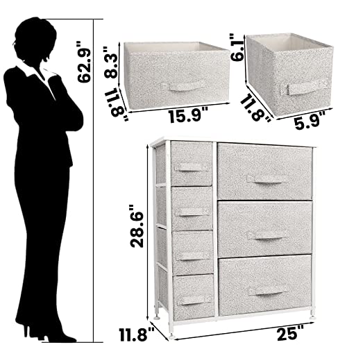 CONNOO 7 Drawer Dresser Storage Tower, 4-Tier Vertical Organizer Unit Chest for Bedroom, Hallway, Entryway, Closet, Nursery, Sturdy Steel Frame, Wooden Top, Easy Pull Fabric Bins, Gray/White