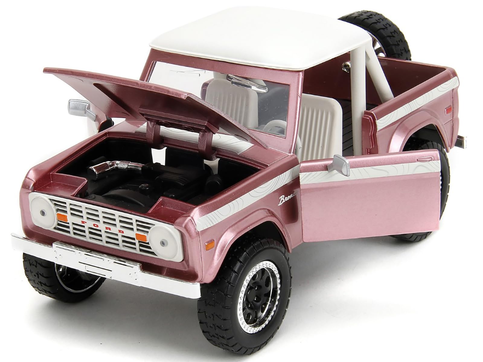 1973 Bronco Pink Metallic with White Top and Graphics Pink Slips Series 1/24 Diecast Model Car by Jada 34896