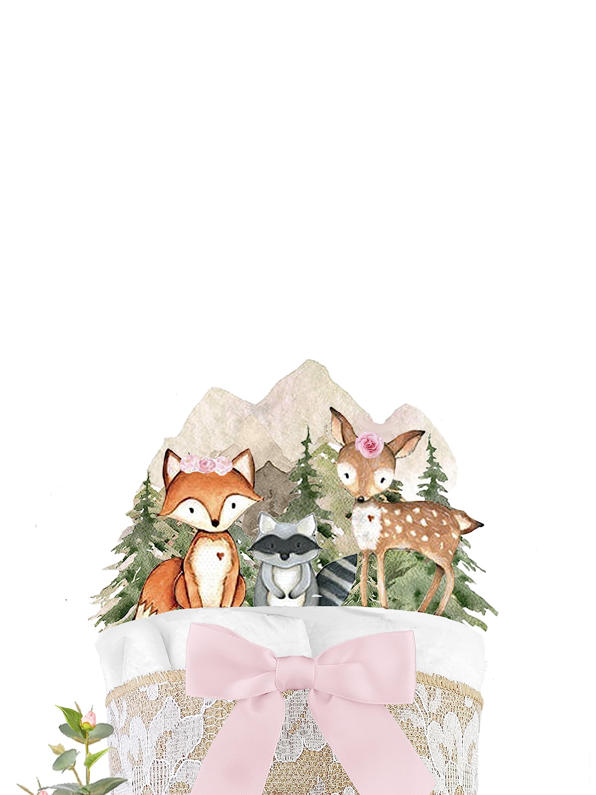 Woodland Creatures Diaper Cake - Girl Baby Gift - Burlap Pink and Sage Green