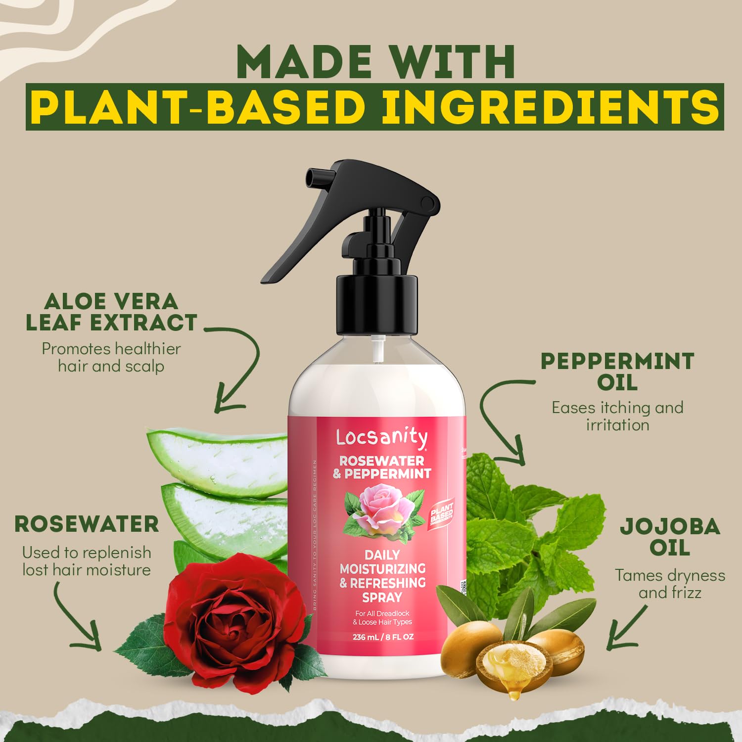 Locsanity Daily Moisturizing Rose Water and Peppermint Hair Scalp Refresher for Locs and Dreadlocks - Natural Loc Care and Maintenance (8oz)