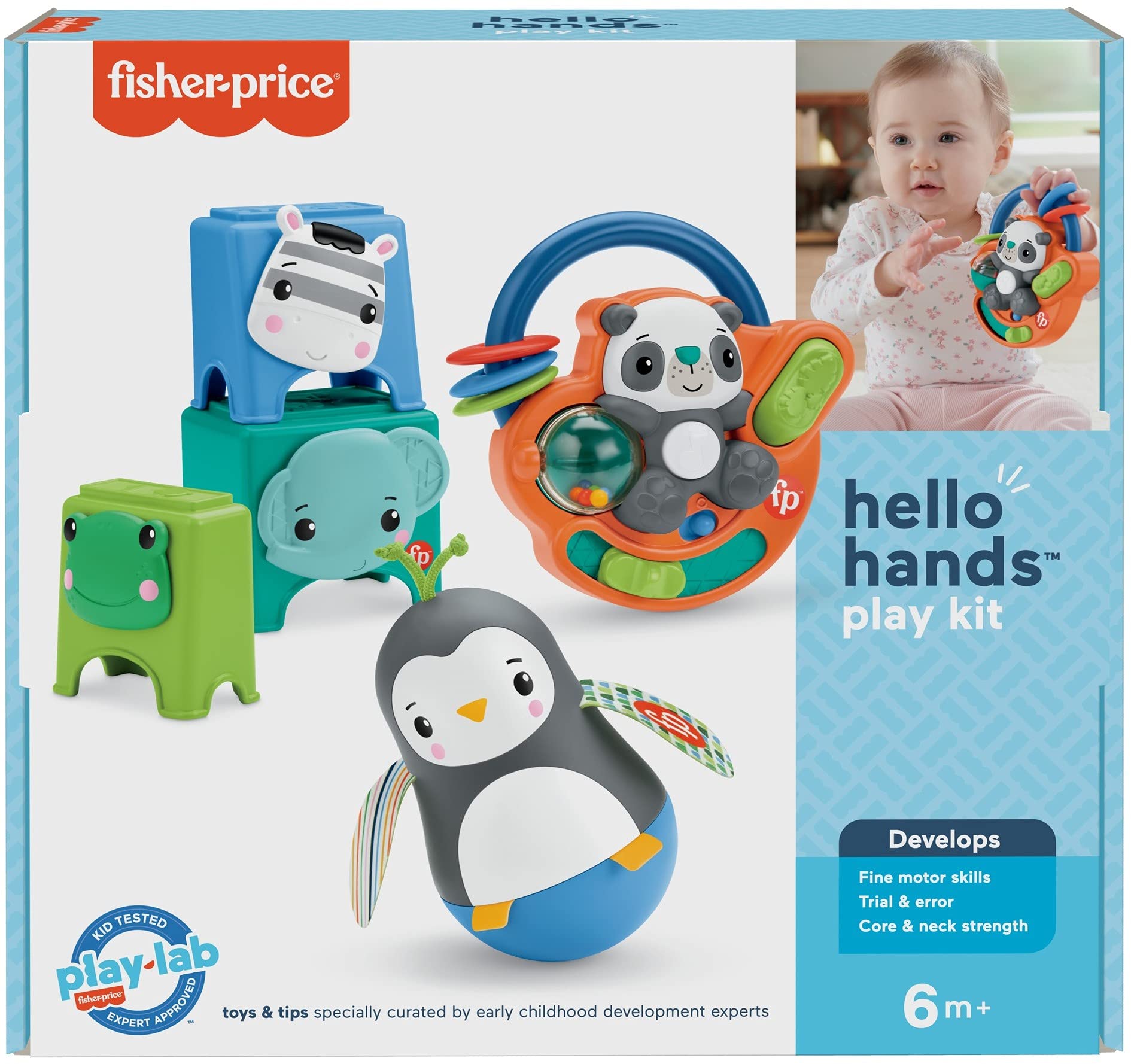 Fisher-Price Hello Hands Play Kit, Curated Gift Set of Activity Toys for Infants Ages 6 Months and Up