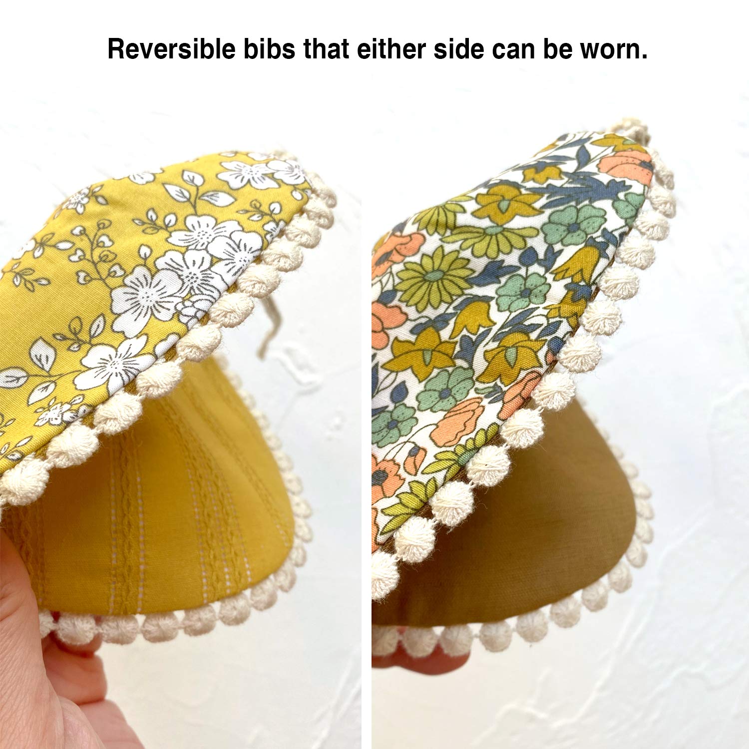 Cherssy Baby Girl Reversible Bibs, Boho Bibs with Crochet Lace and String Ties Pom Pom, Floral Cotton bibs for Newborn Infant Toddler, 2 Pack Mustard/Brown