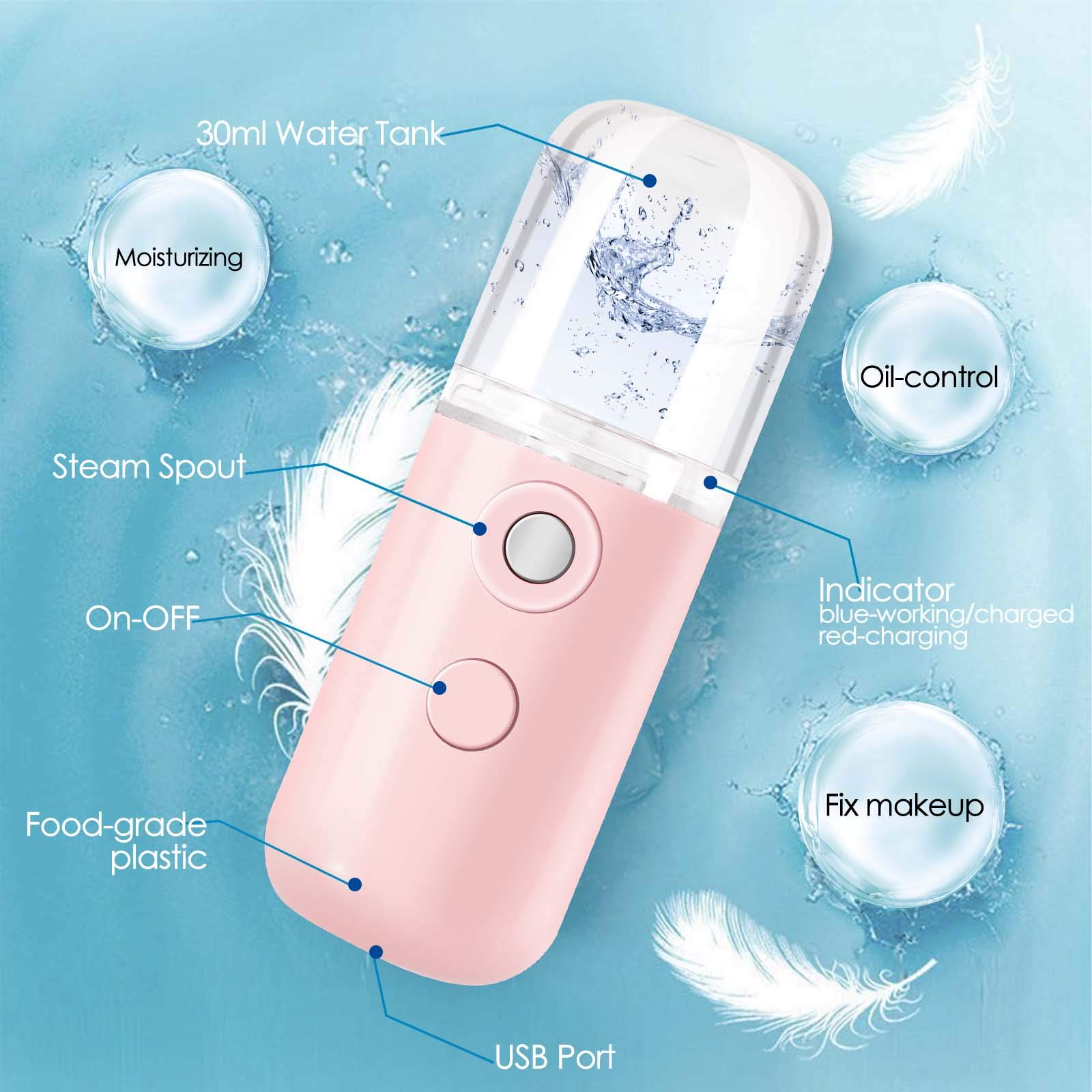 GIVERARE Nano Facial Steamer, Handy Mini Mister, USB Rechargeable Mist Sprayer, 30ml Visual Water Tank Moisturizing&Hydrating for Face, Daily Makeup, Skin Care, Eyelash Extensions-Pink