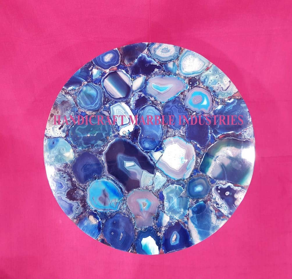15" Inch Round Natural Blue Agate Coffee Table with with Metal Base, Agate Table, Stone Coffee Table, Agate Table Top, Agate Round Coffee Table
