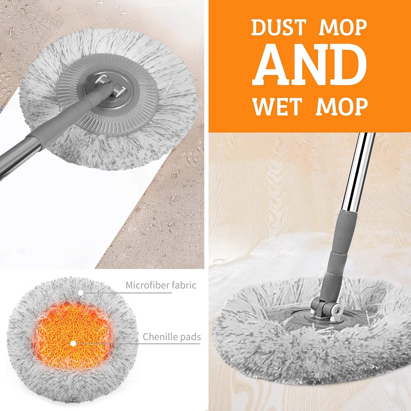 Dust Mop, Wall Cleaner Mop, with Hight Adjustable Handle and 1 Washable Mops Pad, Wet & Dry Floor Cleaning Mop for Hardwood, Tiles, Laminate, Vinyl - Dust Broom (Grey)