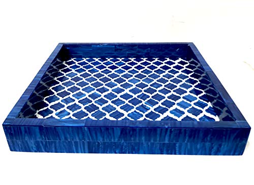 A Bone Exotic Designer Handmade Tray Kitchen Usage Coffee Table Top Drinks Serve Trays Vintage Square Blue Tray,12X12, Blue & White