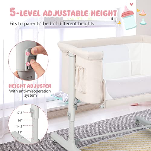 BABY JOY Bassinet Bedside Sleeper, 3 in 1 Folding Crib w/Adjustable Height, Mattress, Lockable Wheels, Storage Pocket & Carry Bag for Infant Newborn, Stationary & Rock, Portable Baby Bassinet (Beige)