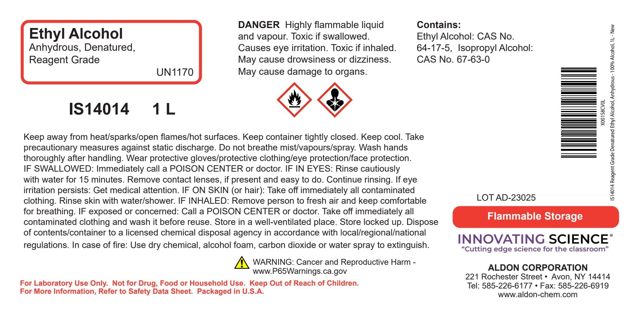 ALDON Innovating Science Reagent Grade Denatured Ethyl Alcohol, Anhydrous - 100% Alcohol, 1L - Denatured with Isopropyl Alcohol & Methanol The Curated Chemical Collection - Not for Use on Body or Skin