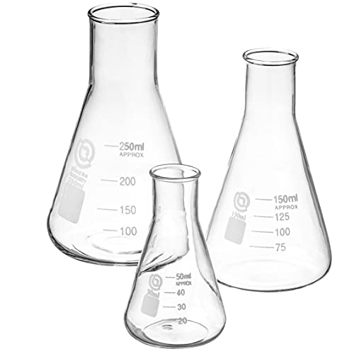 Glass Erlenmeyer Flask Set - Graduated Borosilicate Glassware - Volumetric Narrow Neck Scientific Chemistry Labware & Equipment - Home & School Science Experiments (50-250mL, 3-Pack)