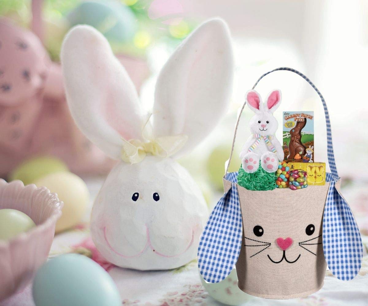 Cute Bunny Easter Bucket, Rabbit Blue/Pink, Easter Basket Bag with Floppy Ears for Kids Carrying Gifts and Candy, Egg Hunt Bag (Blue)