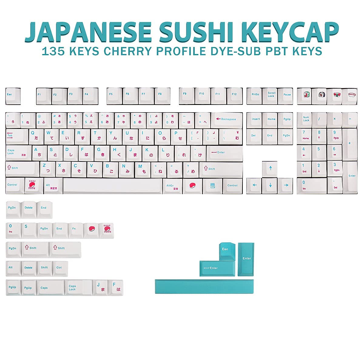 PBT Japanese Keycaps 135 Keys Dye Sublimation Cherry Profile with Key Puller Suitable for 104/87/61 60% MX Cherry Gateron Gaming Keyboard(Sushi Keycaps)