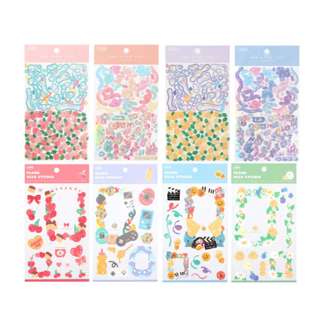 Cute Essential Kawaii Aesthetic Stationery Sticker Pack - 8 Sheets (258+ Stickers) - for Planners, journals, scrapbooks, Gifts, Kpop photocards, polocos, Frame, Removable, Confetti, Flowers, Bubble