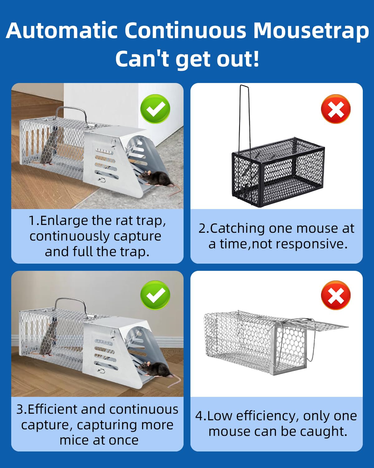 2 Pcs Humane Mouse Traps No Kill,Combined Automatic Continuous Rat Traps Cage, Extended Metal Rat Trap,Sensitive Pedal Trigger, Easy to Set Mice Catcher for Indoor and Outdoor