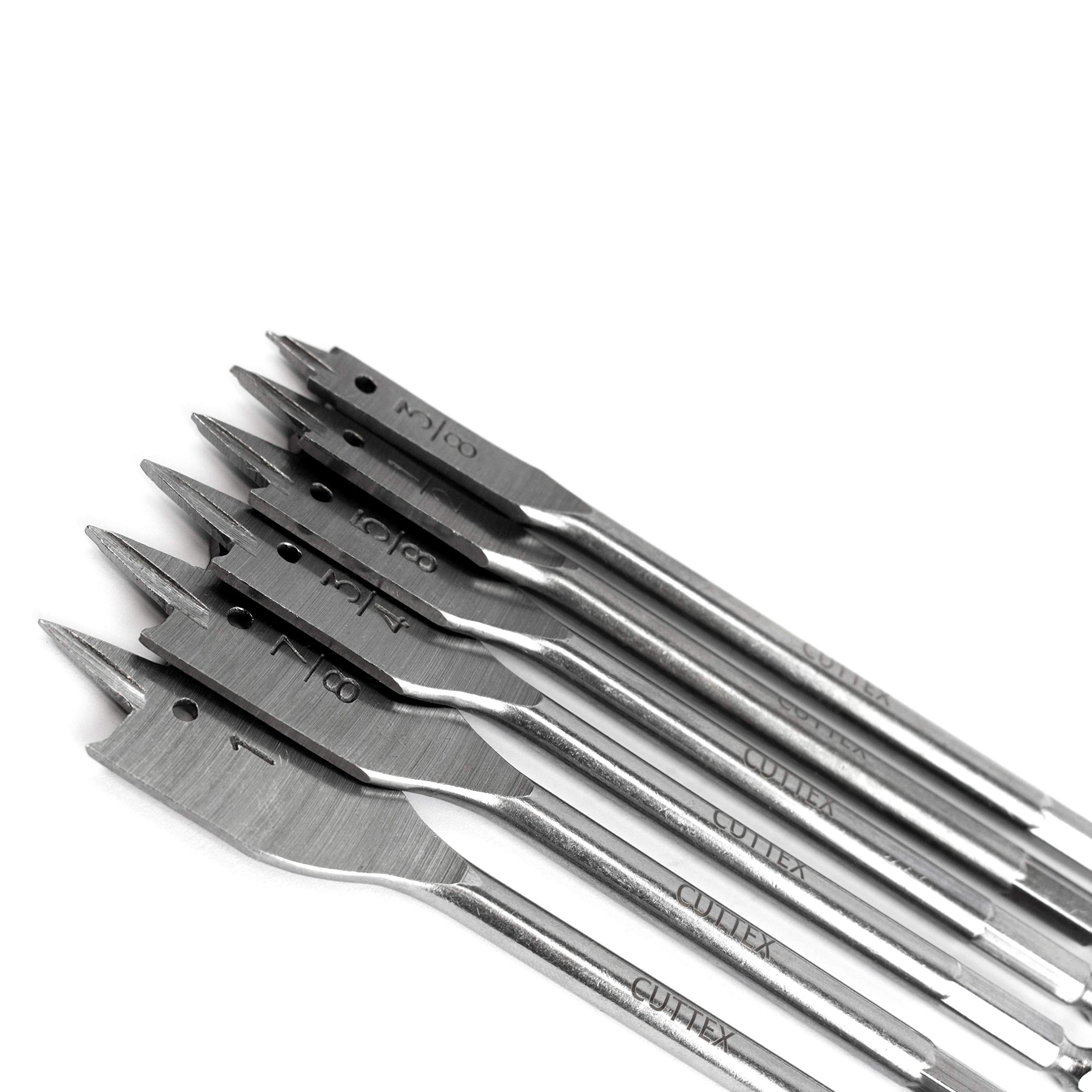 CUTTEX TOOLS Spade Drill Bit Set, 6 Pcs Drill Bit for Woodworking, 3/8" to 1", Full Set, Paddle Flat Bits, Nylon Storage Pouch Included