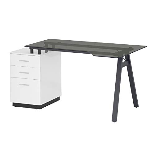 Techni Mobili Modern Smoke Tempered Glass top & Storage Home Office Computer Writing Desk Workstation with Two Cupholders and a Headphone Hook-Pine, 59.5" D x 29.25" W x 29.5" H, White