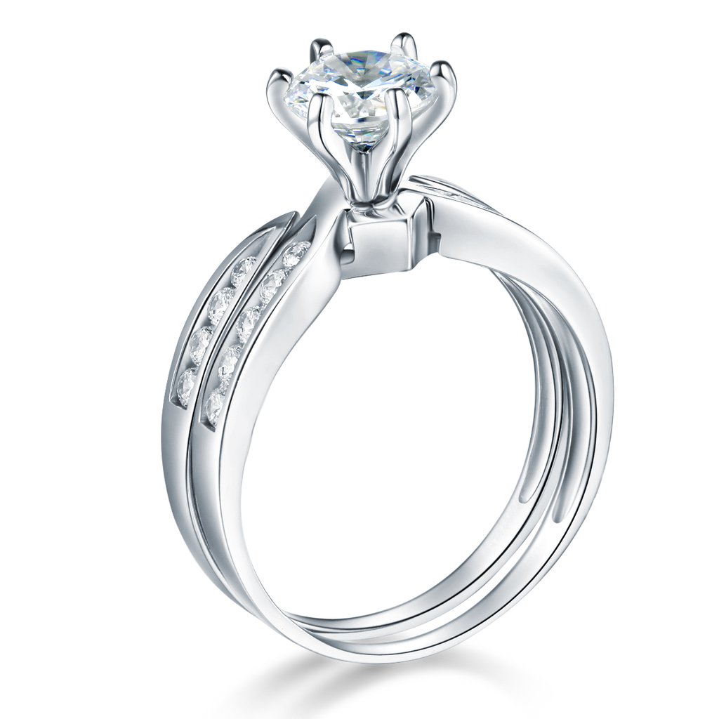 14k White Gold Solid Wedding Engagement Ring and Wedding Band 2 Piece Sets - Size 7