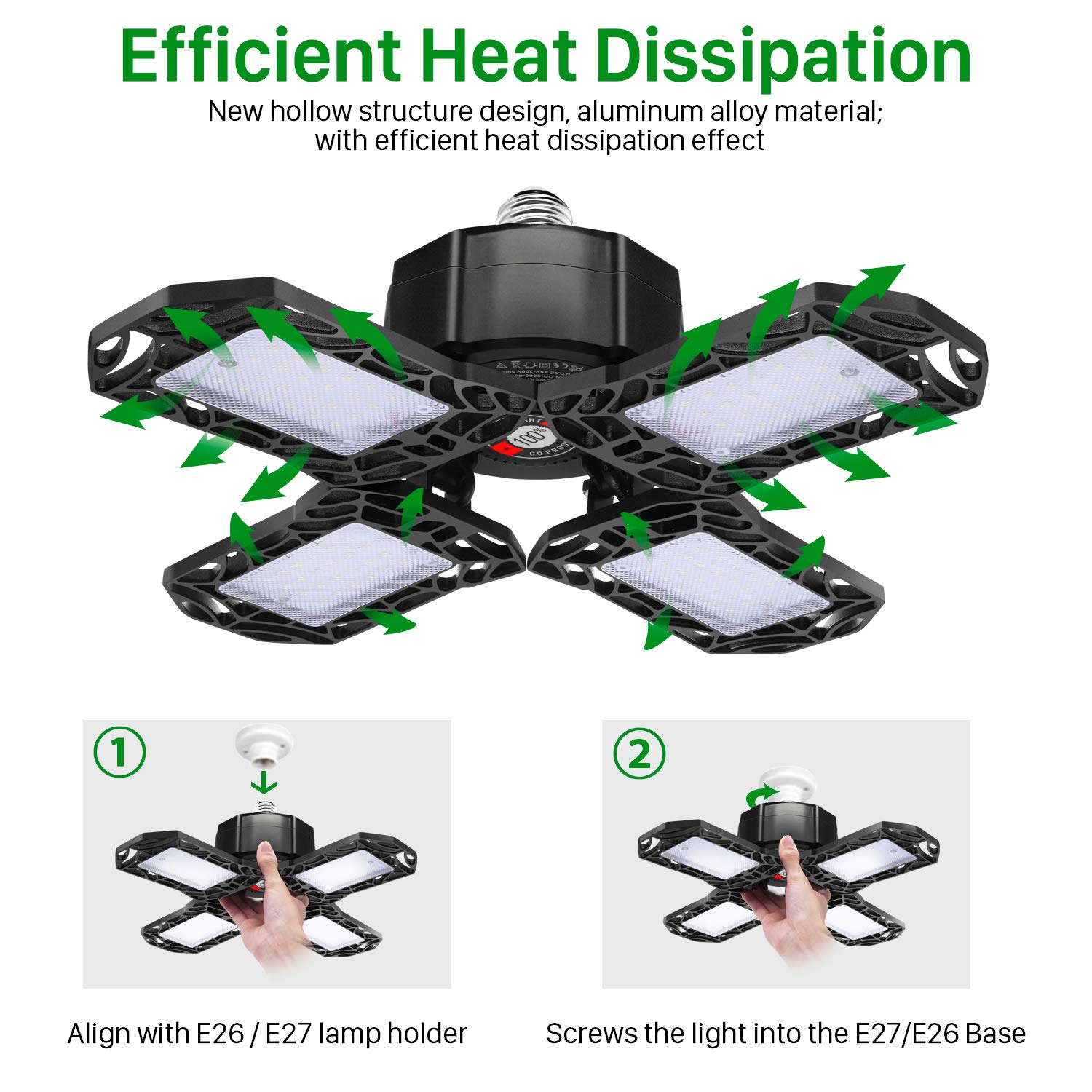 120W LED Garage Light, 12000 Lumens Deformable Four Leaf Tribright Lighting 4 Adjustable Panels Quadruple Glow Garage Light, CRI 80, 6000K Garage Ceiling Light for Warehouse, Basement, Barn