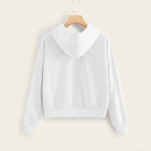 ESKNAS Women Hoodies Autumn Solid Long Sleeve Short Hooded Sweatshirt Zipper Pocket Hoody Jacket(C White,S)