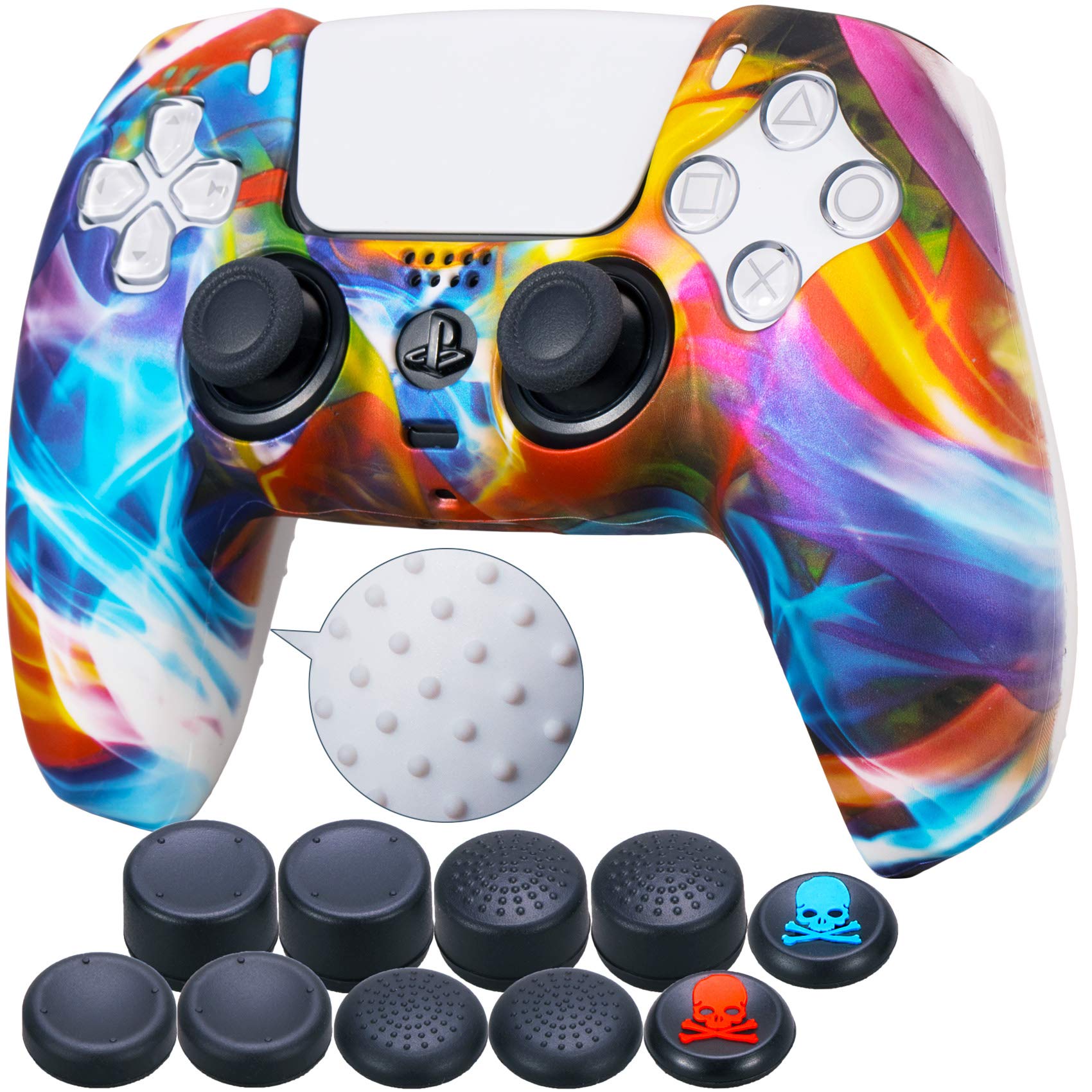 9CDeer 1 Piece of Silicone Transfer Print Protective Cover Skin + 10 Thumb Grips for PlayStation 5 / PS5 Controller Rainbow