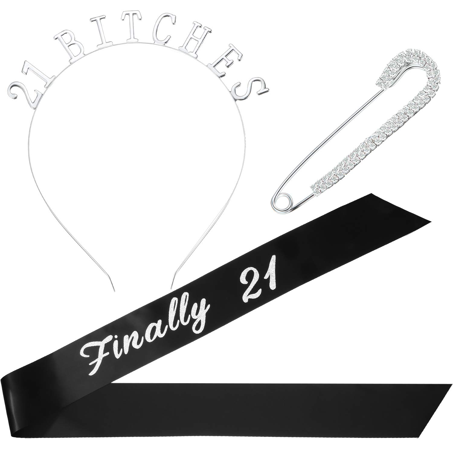 21st Birthday Sash Crown Tiara Headband Brooch Clip Pin, 21st Birthday Party Costume Set, Totally 3 Pieces