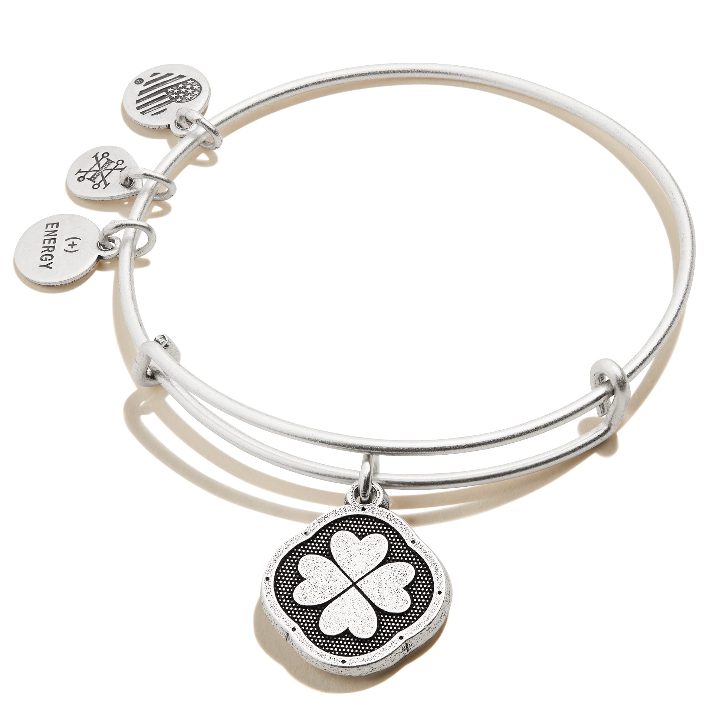 Alex and Ani Path of Symbols Expandable Bangle for Women, Four Leaf Clover Embossed Charm, Rafaelian Silver Finish, 2 to 3.5 in