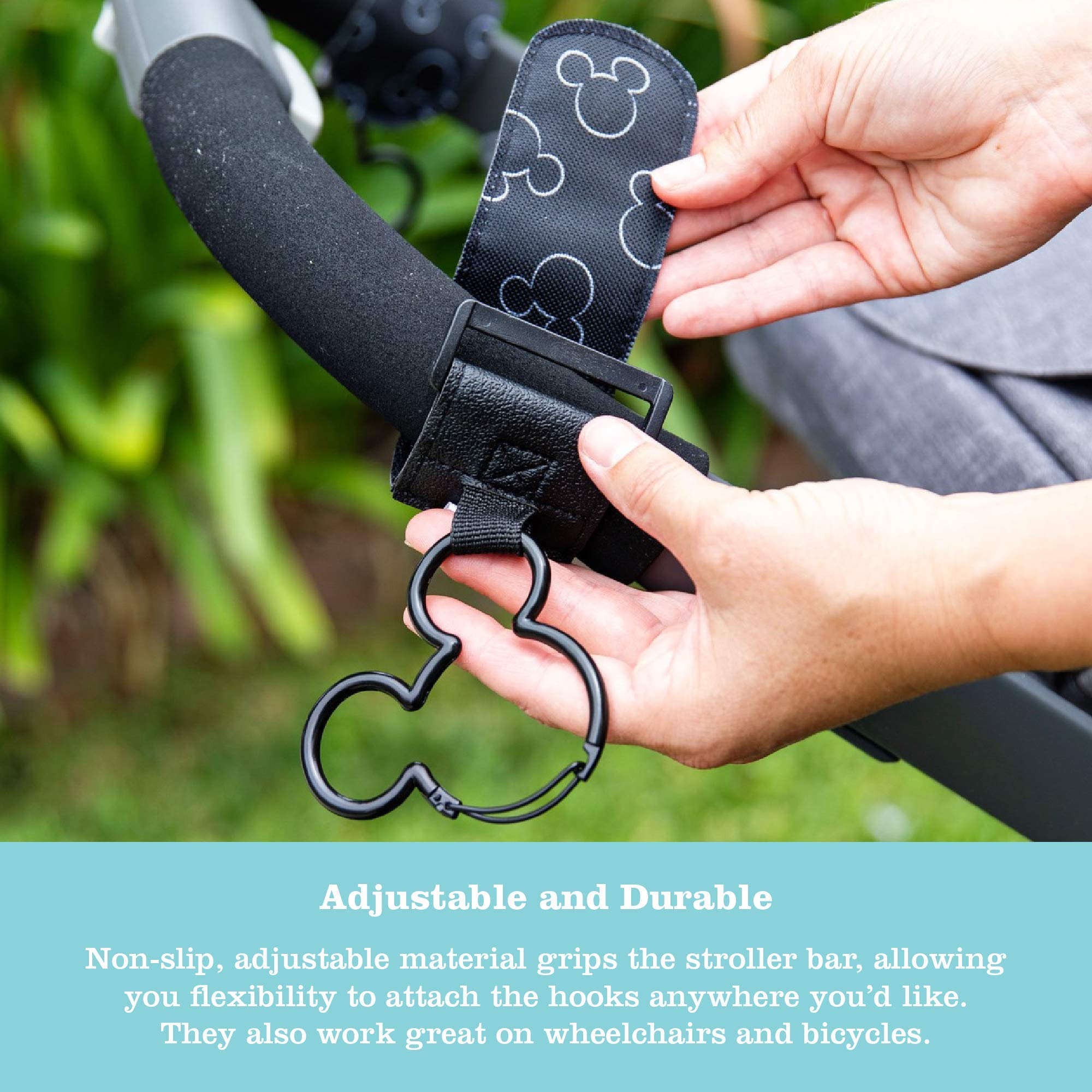 Disney Baby by J.L. Childress Mickey Mouse Stroller Hooks - Universal Stroller Clips with Non-Slip Straps - Durable Carabiners to Hold Water Bottles & Bags - 2 Pack - Disney Travel Accessory - Black
