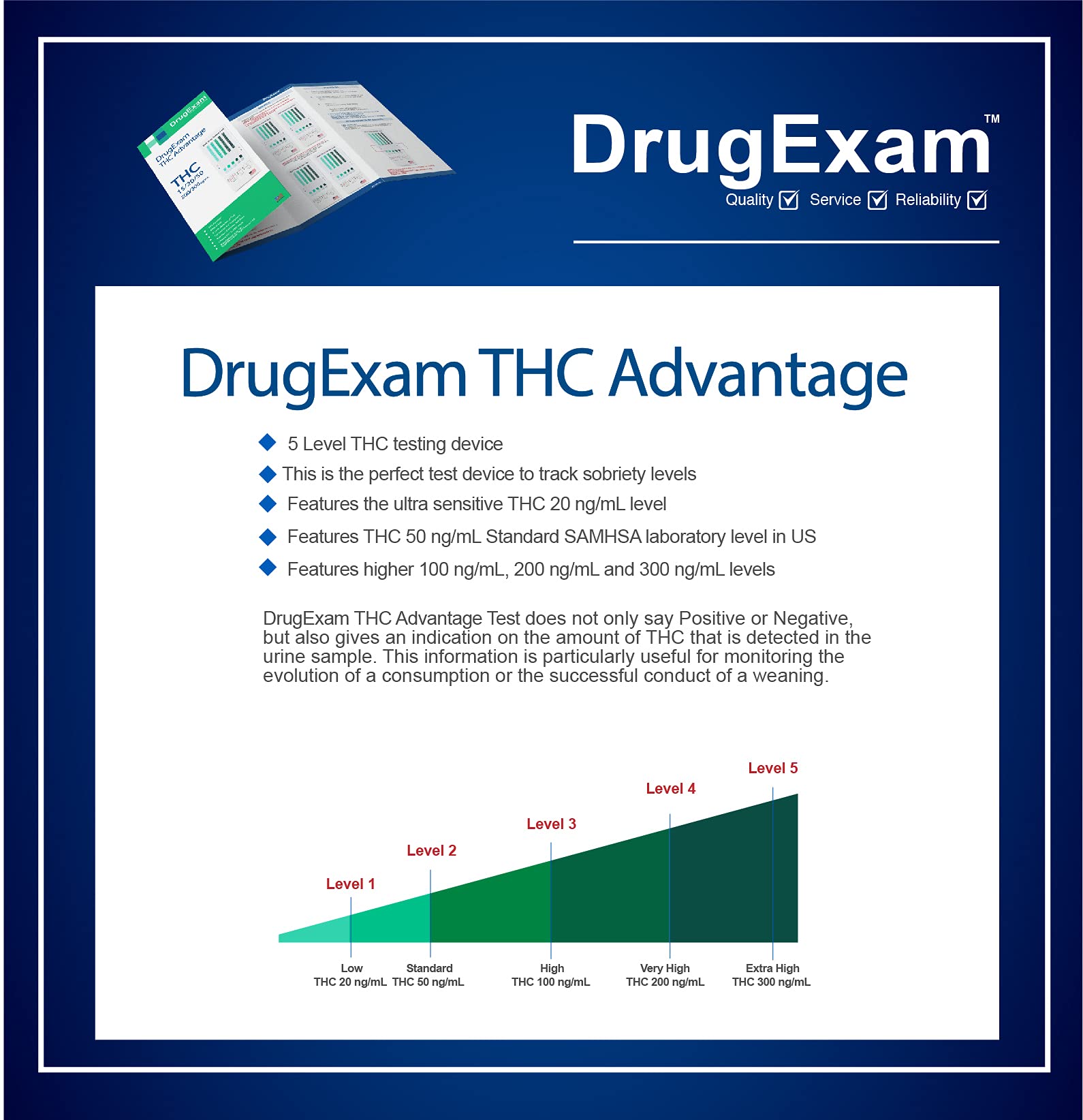 2 Pack - DrugExam THC Advantage Made in USA Multi Level Marijuana Home Urine Test Kit. Highly Sensitive THC 5 Level Drug Test Kit. Detects at 20 ng/mL, 50 ng/mL, 100 ng/mL, 200 ng/mL and 300 ng/mL (2)