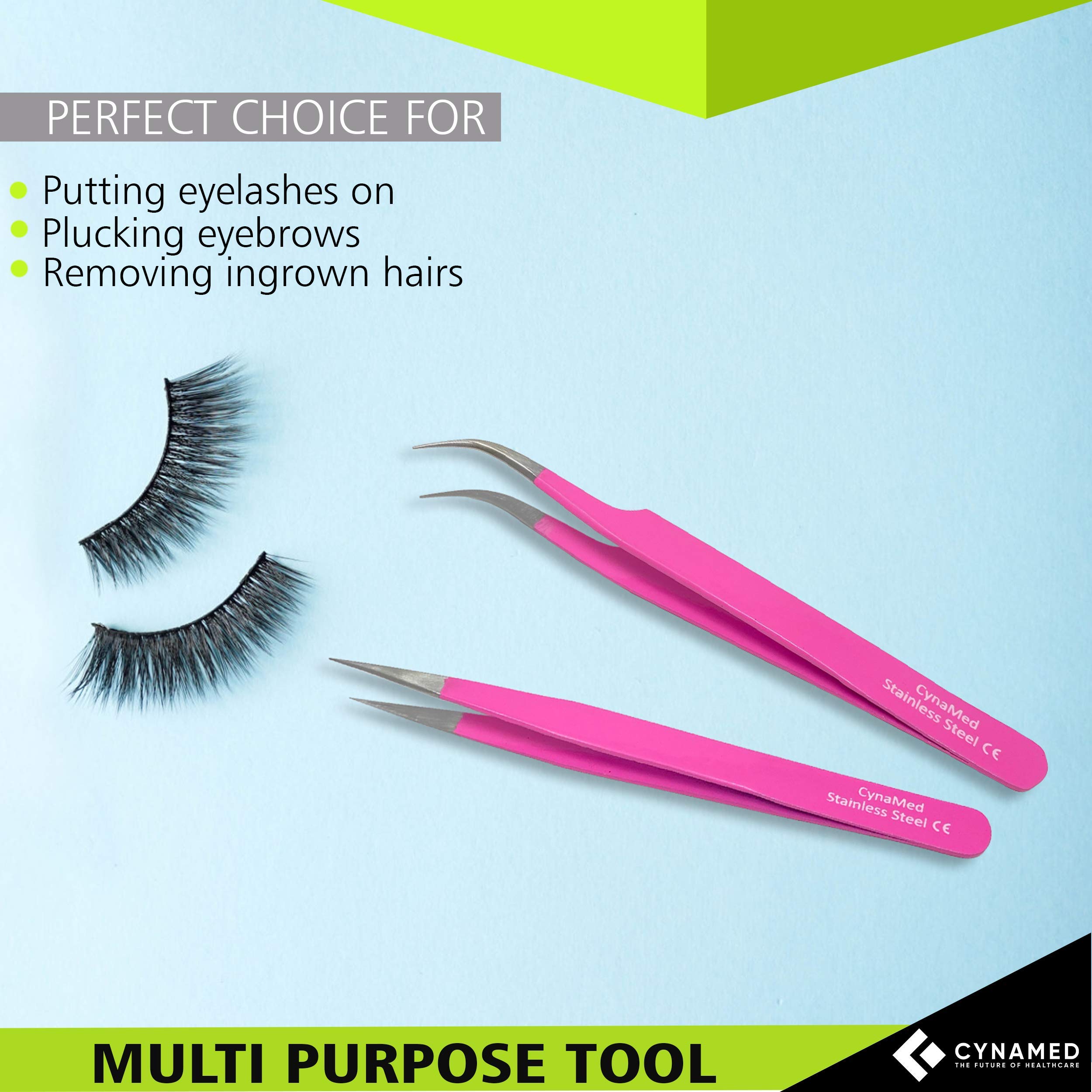 CynaMed Pink Eyelash Extension Tweezers Set (2-Pack) – Straight and Curved Stainless Steel Precision Tweezers for Volume Lash Extensions