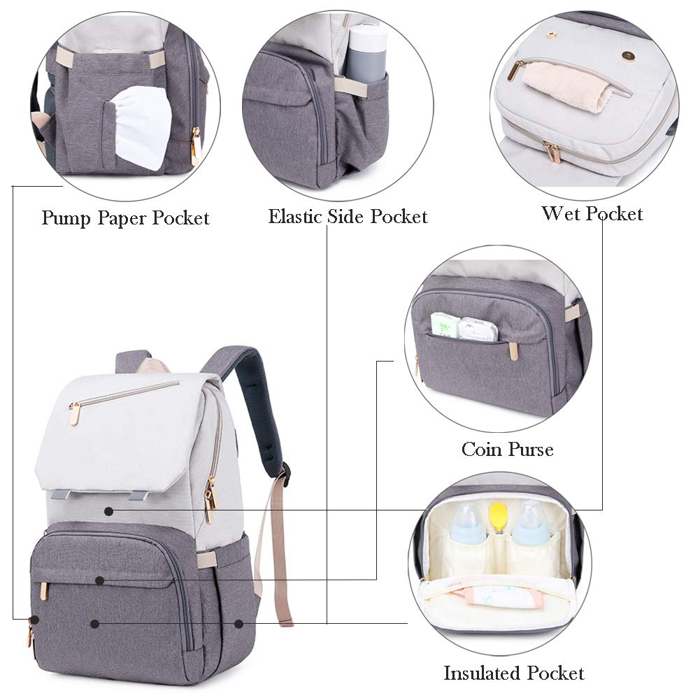 OUSIJOJO Diaper Bag Backpack, Modern Diaper Bag with USB Charging Port and Stroller Straps Baby Bags for Boys Girls, Large Capacity Multifunction Travel Nappy Back Pack for Moms Dads,Beige