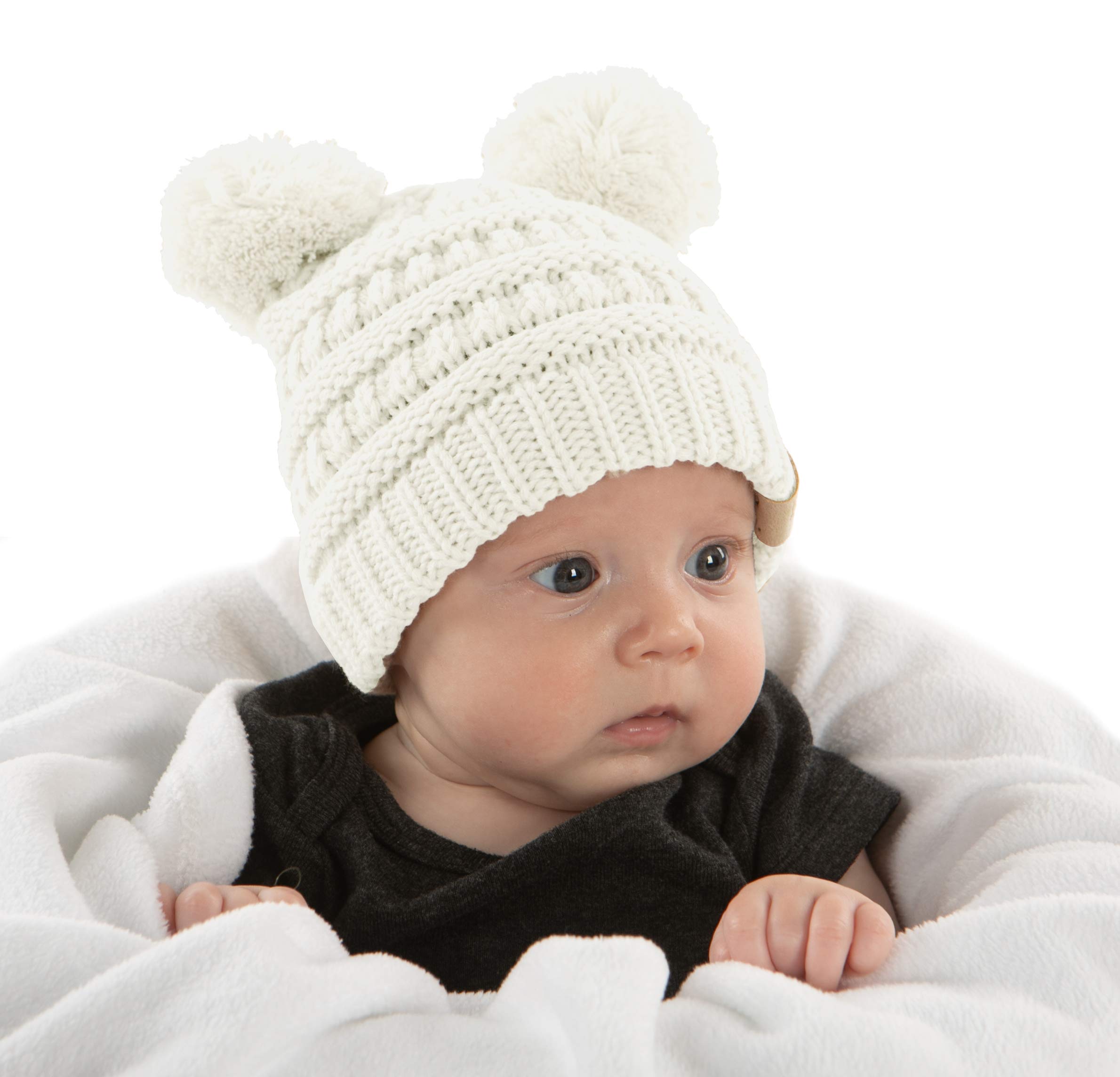 Funky Junque Exclusives Double Pom Baby Infant Beanie Knit Warm Winter Double Pom Pom Skull Cap Hat Ivory - Double Pom