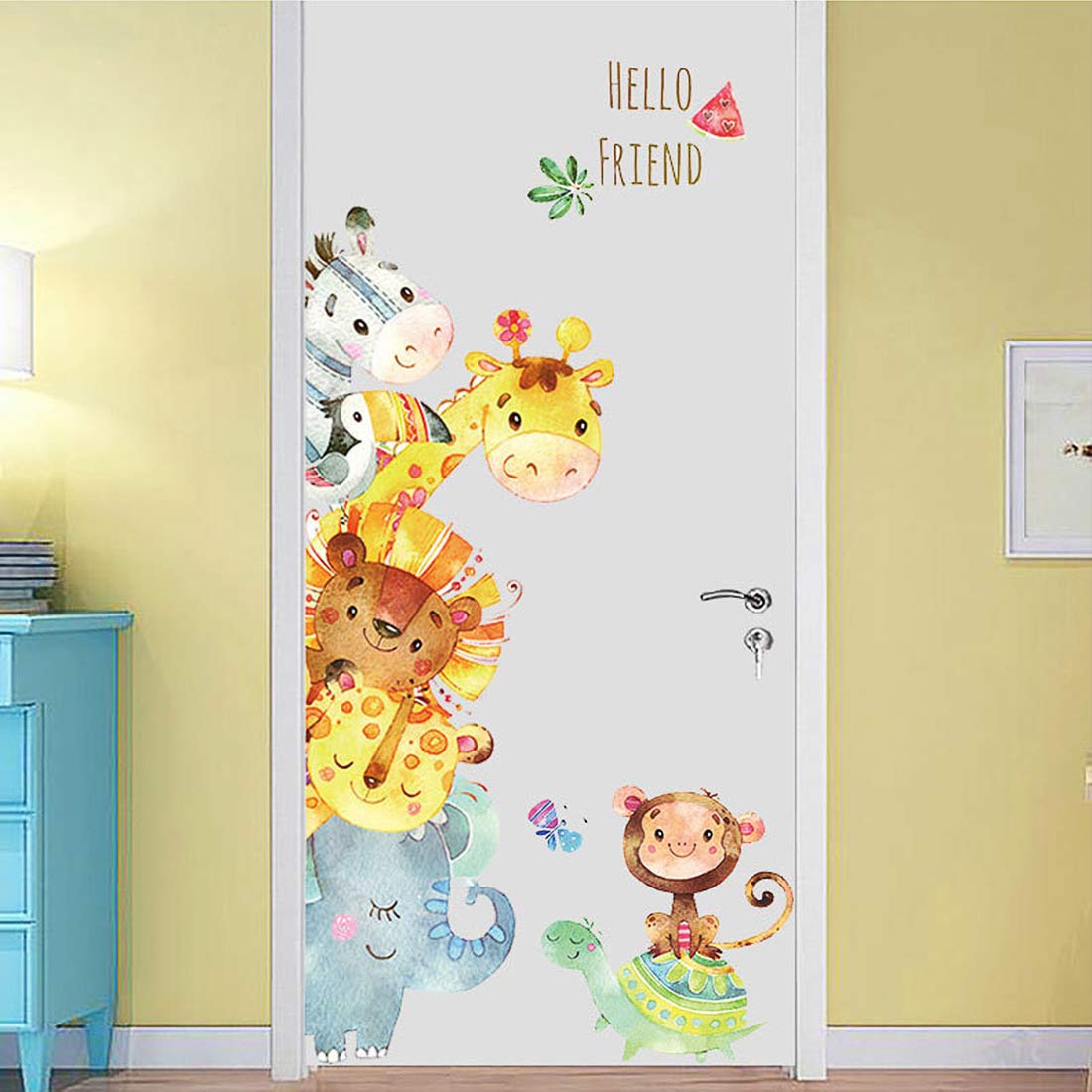 Cute Cartoon Animal Door Sticker Giraffe Elephant Wall Decals for Kids Rooms Bedroom Wardrobe Door Nursery Decoration