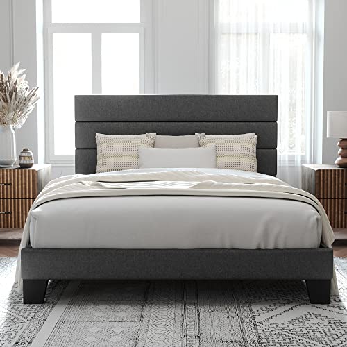 Allewie Full Size Platform Bed Frame with Fabric Upholstered Headboard and Wooden Slats Support, Fully Upholstered Mattress Foundation/No Box Spring Needed/Easy Assembly, Dark Grey