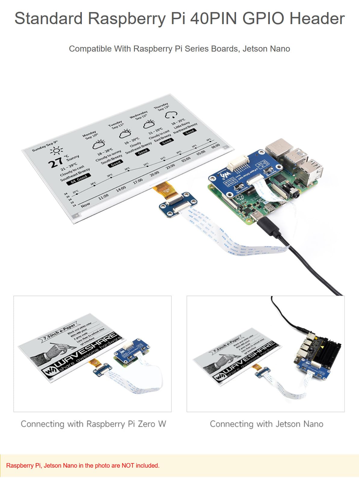 7.5 inch E-Ink display e-Paper HAT Resolution 800×480 SPI interface for Raspberry Pi 3 2 Zero W WH Jetson Nano Arduino @XYGStudy