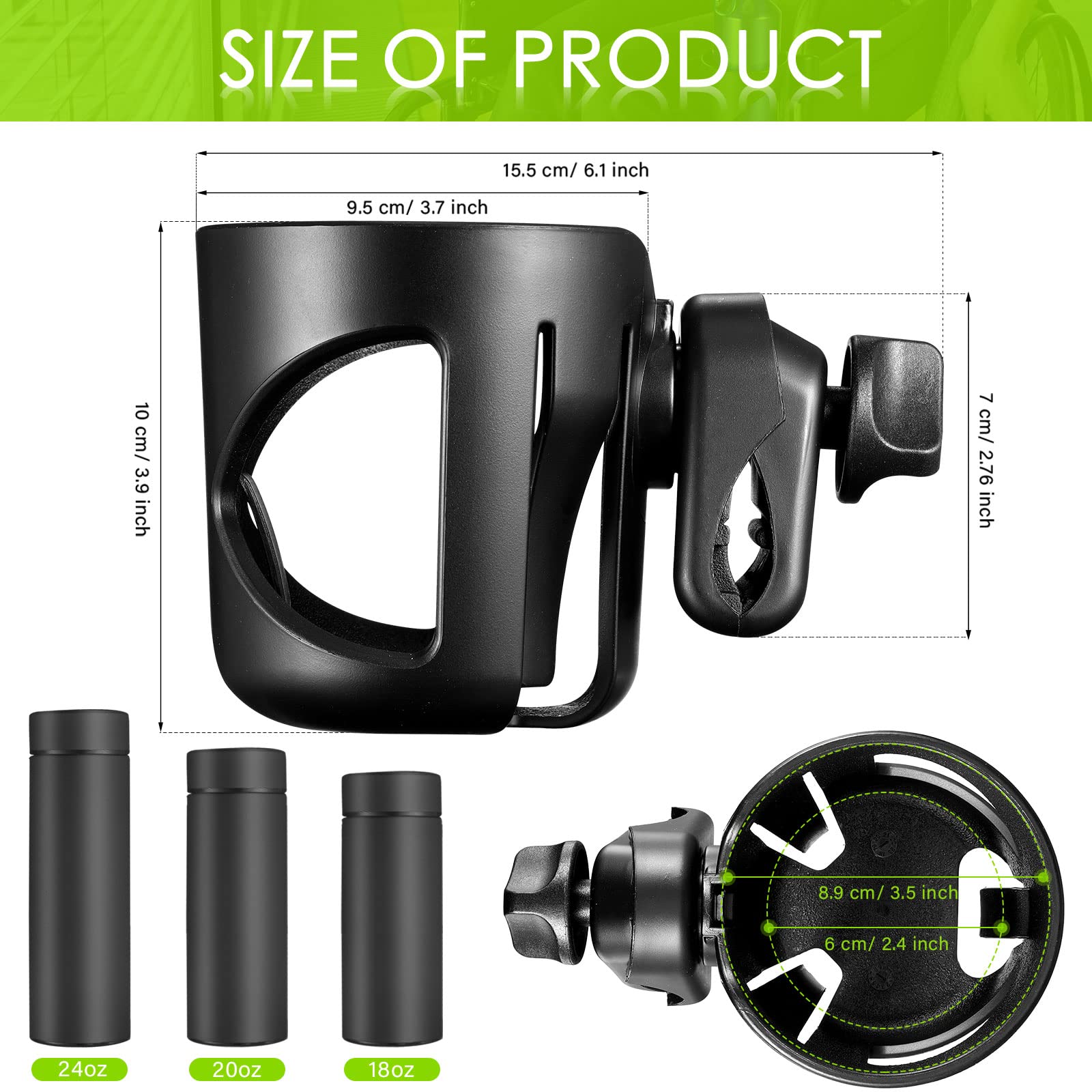 3 Pack Universal Cup Holder for Stroller, Large Caliber Designed Cup Holders Adjustable Bike Boat Cup Holder 360 Degrees Rotation Drink Cup Holder for Stroller, Wheelchair, Walker, Trolley, Black