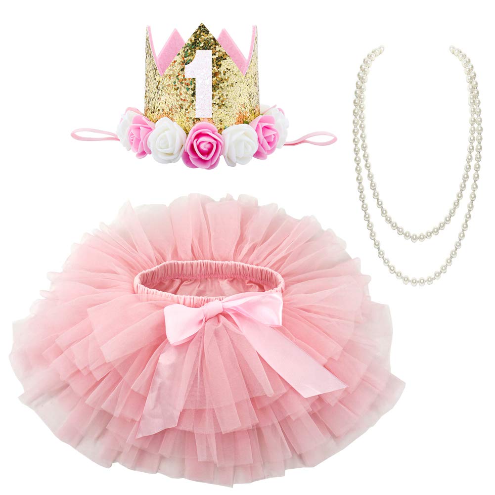BGFKS Baby Girls Soft Tutu Skirt with Diaper Cover,1st Birthday Party Tutu Skirt Sets (Pink)