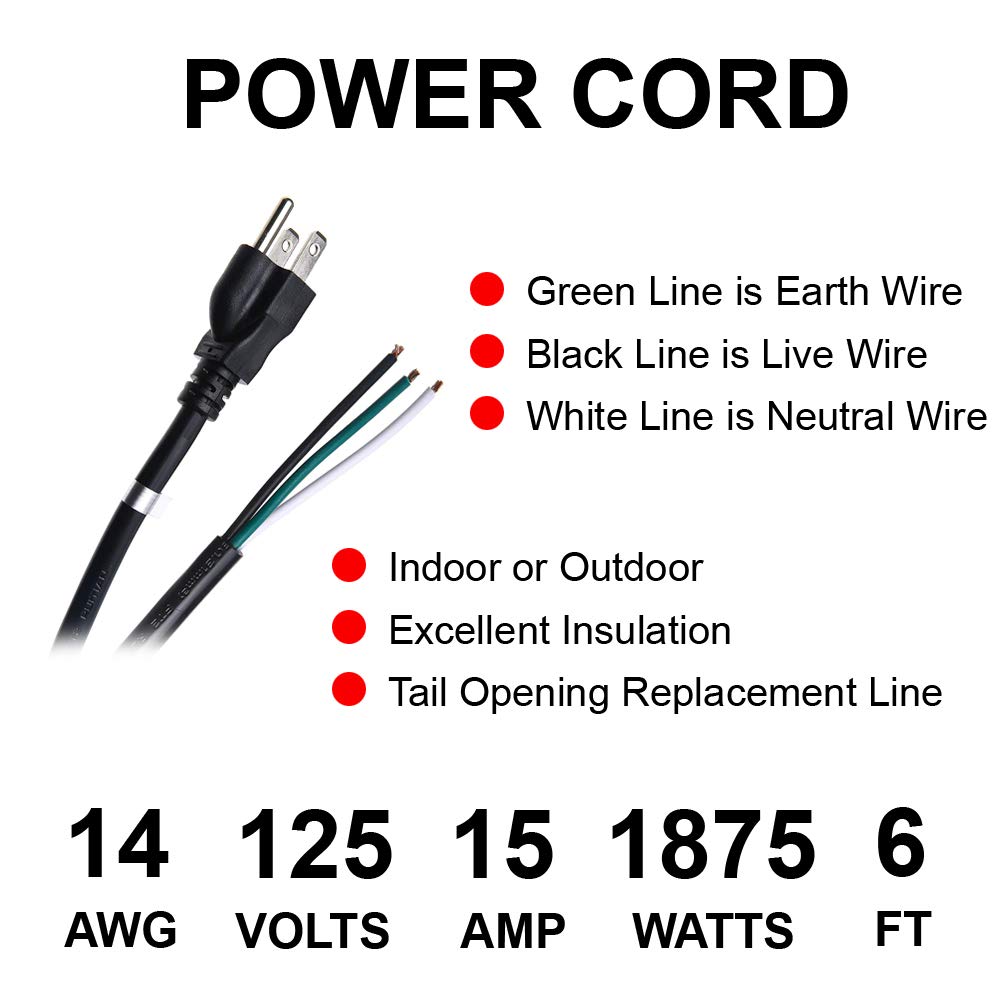 14 AWG 3 Conductor 3-Prong Power Cord with Open Wiring, 15 Amp Max, 6 ft Replacement Power Cord with Open End, Pigtail Open Cable