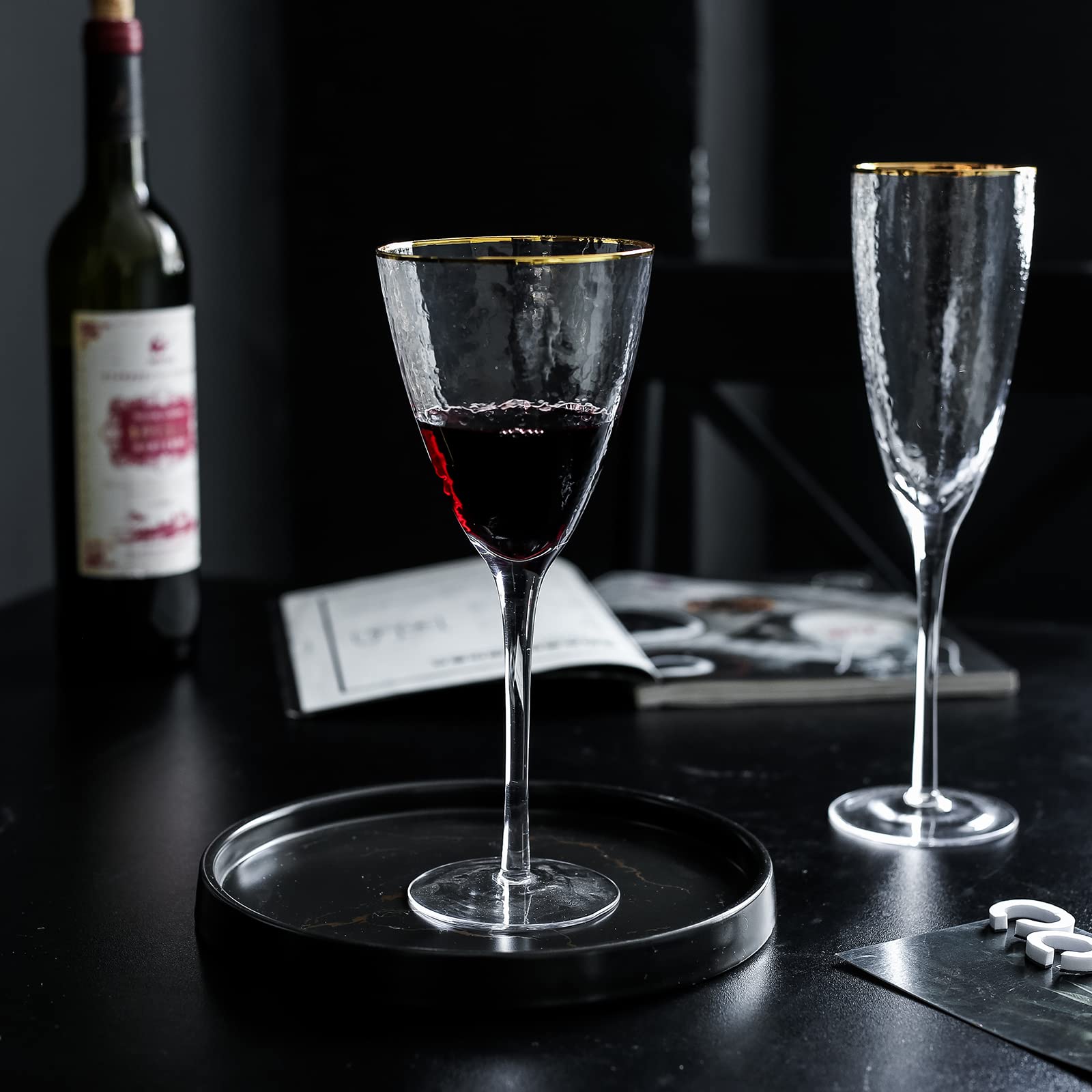 1500° C TABLETOP Wine Glasses Set of 4, 12 oz. Long Stemmed Gold Rim Hammered Glasses for White and Red Wine