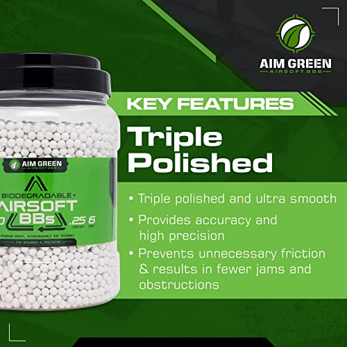 Aim Green Biodegradable Airsoft BBS, Premium-Grade 6mm Airsoft BBS, 0.25 Grams, 10,000 Count