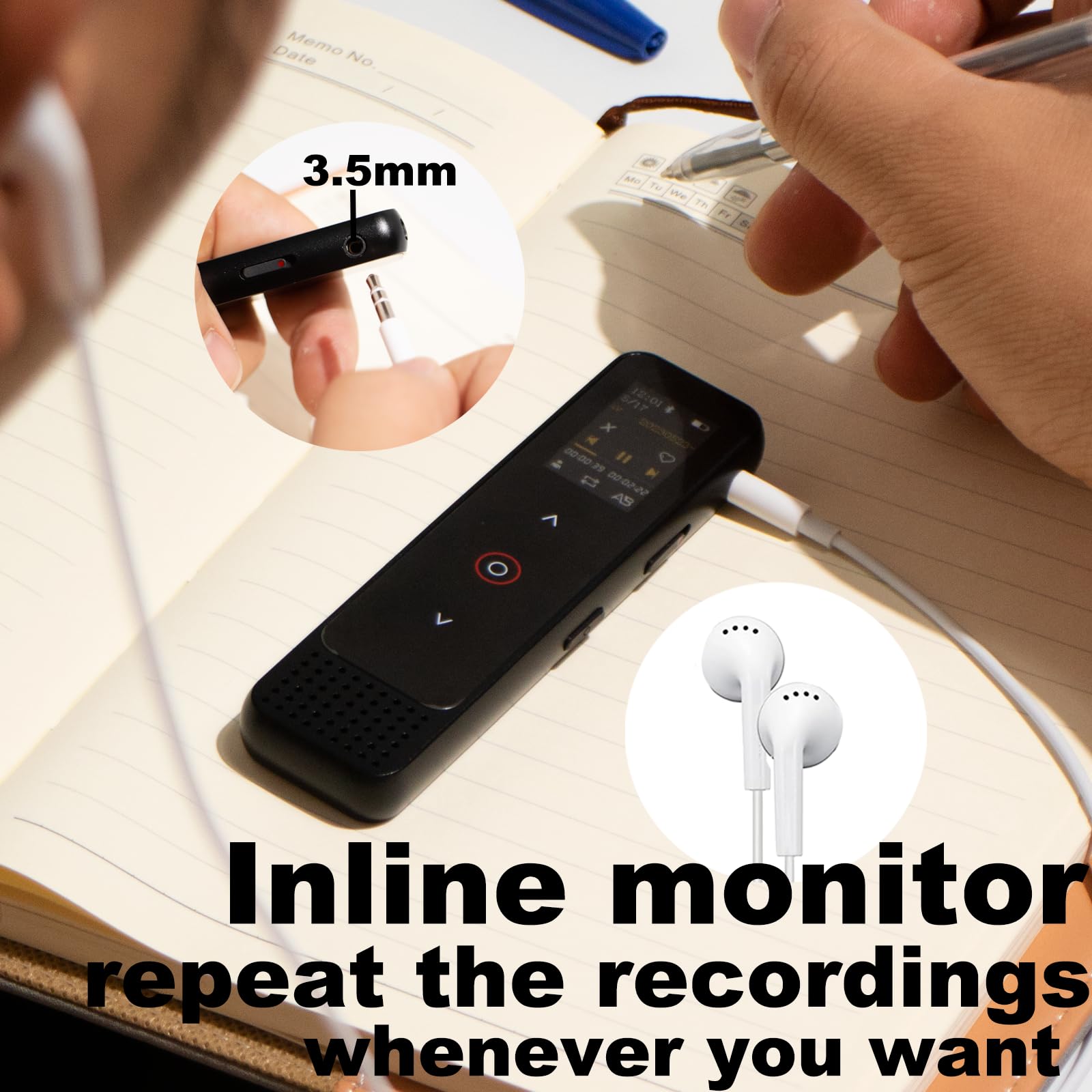 128GB Digital Voice Recorder with Playback, Small Voice Activated Recording Device for Lectures & Meetings, Bluetooth Noise Cancelling Audio Recorder Device, 18hrs Live Monitor with Earphones