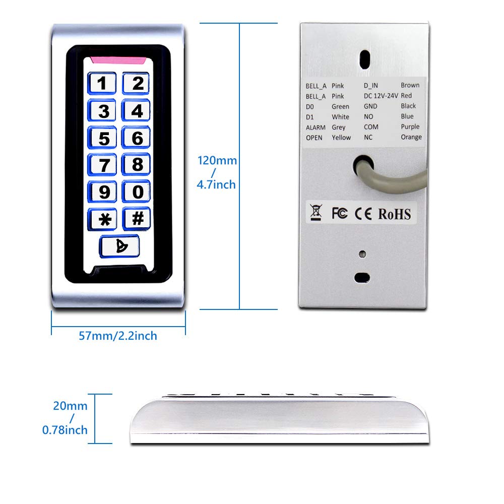 Door Access Control System Stand-Alone Password Keypad + 5PCS Proximity Keychains, Support 2000 Users Card Reader, Weatherproof, Backlight, Zinc Alloy Metal Case, for Garage Door, Gate Opener