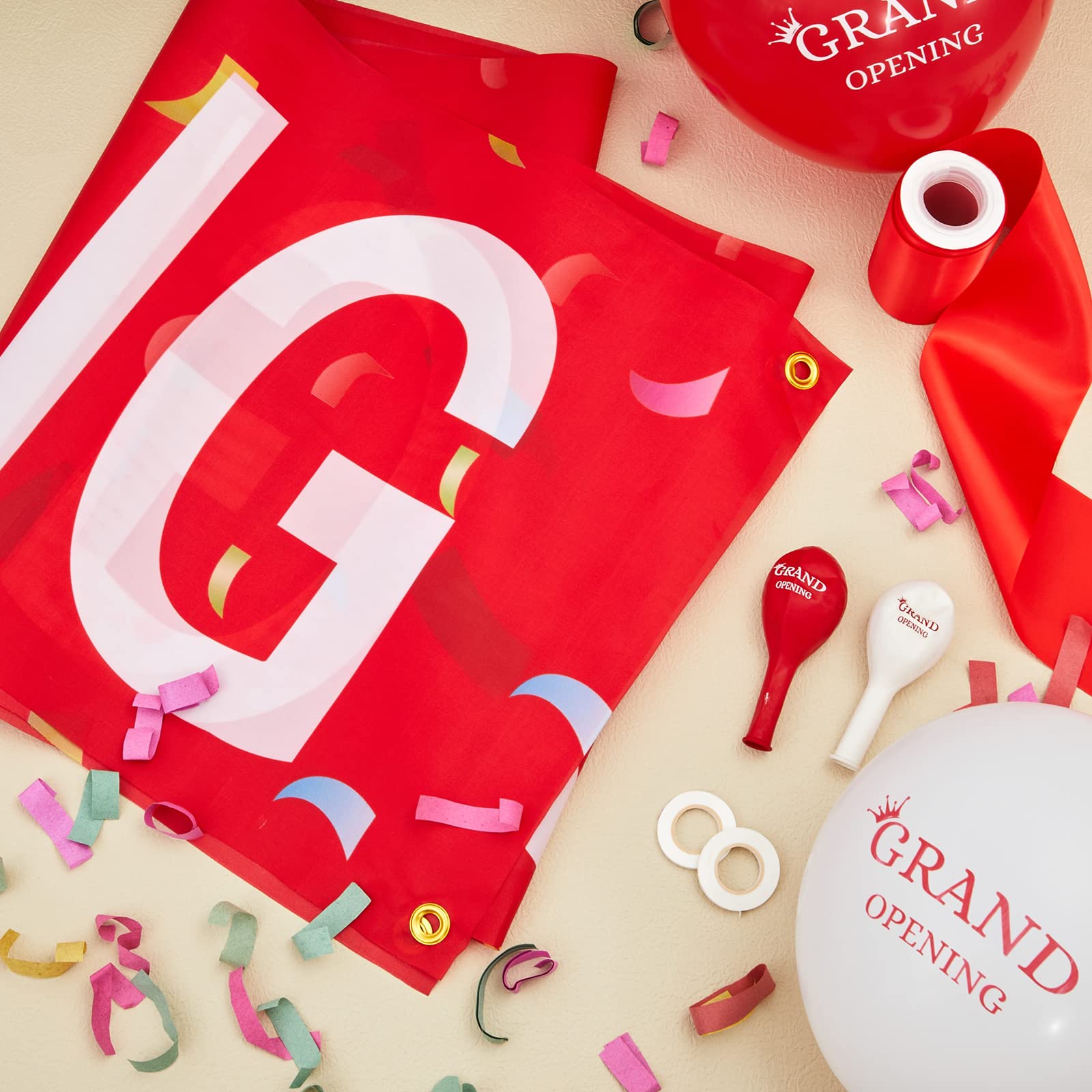 42 Pieces Grand Opening Decorations Kit Includes 1.5 x 9.8 ft Grand Opening Banner 40 Balloons and Satin Ribbon for Events Inaugurations Ceremonies (Red, White)