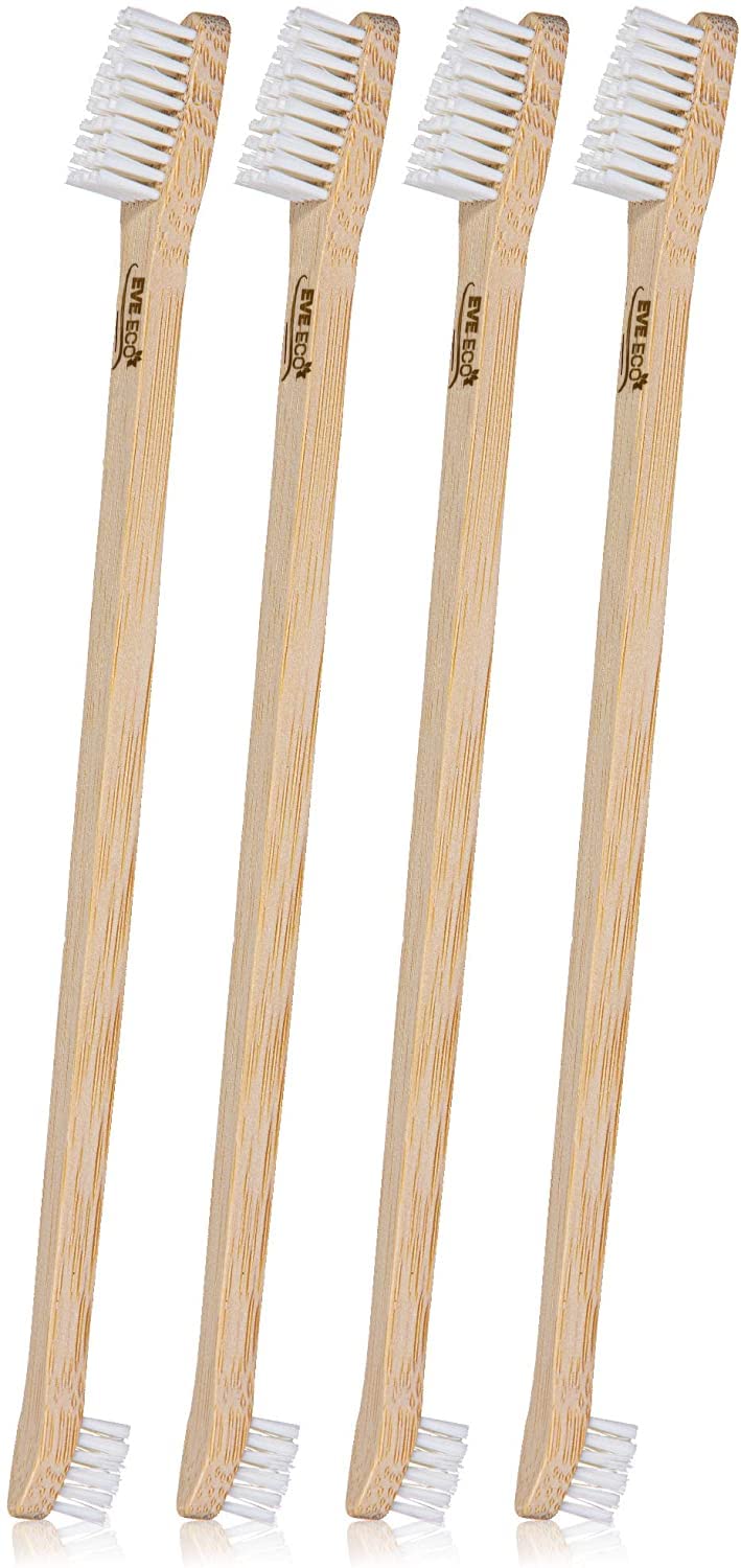 EveEco 4-Pack Bamboo Dog & Pet Toothbrushes - 2 Brush Heads Large & Small with Extra Long 8.5" Use with Toothpaste to Eliminate Cavities, Bad Breath, Tartar for Puppies, Cats, Kittens