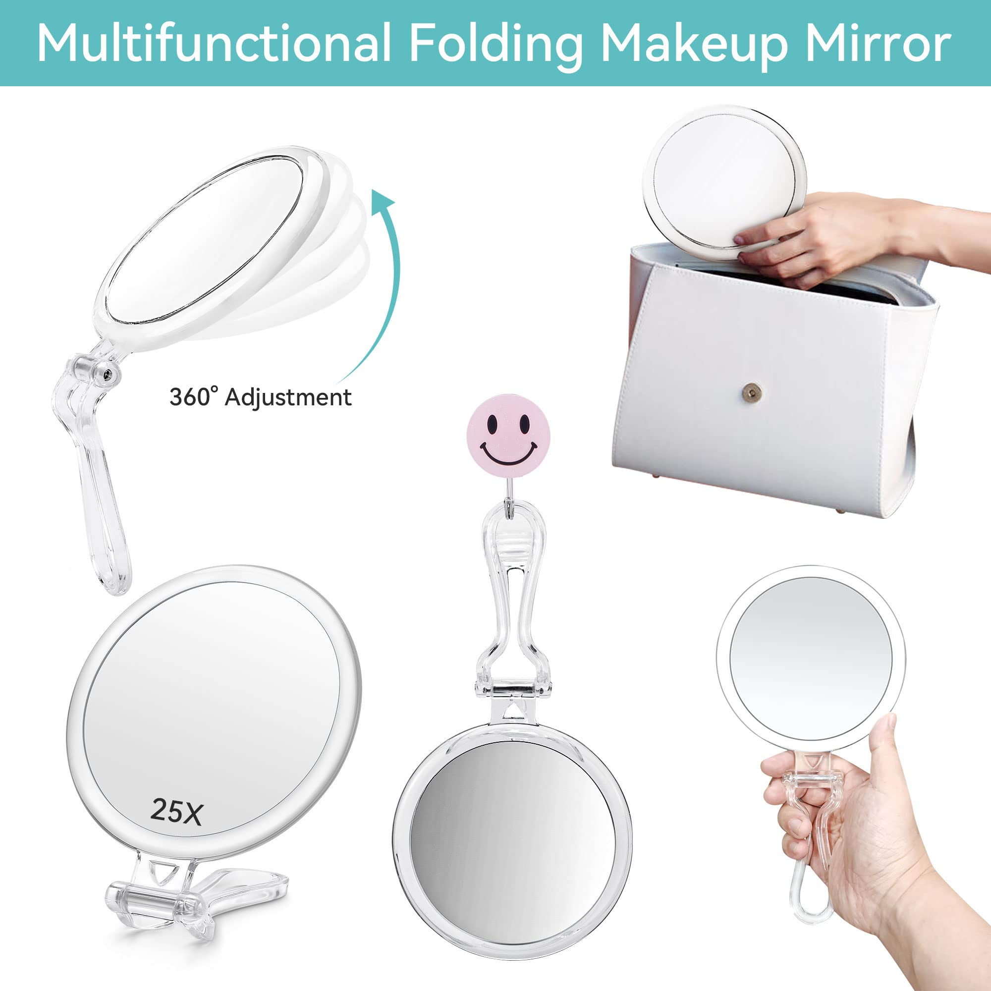 25X Magnifying Mirror Set, 25X/1X Double-Sided Hand Held Magnified Mirror & 10X Magnifying Mirror Suction Cup,Perfect for Precise Makeup Applications & Blackhead/Blemish Removal Handle B