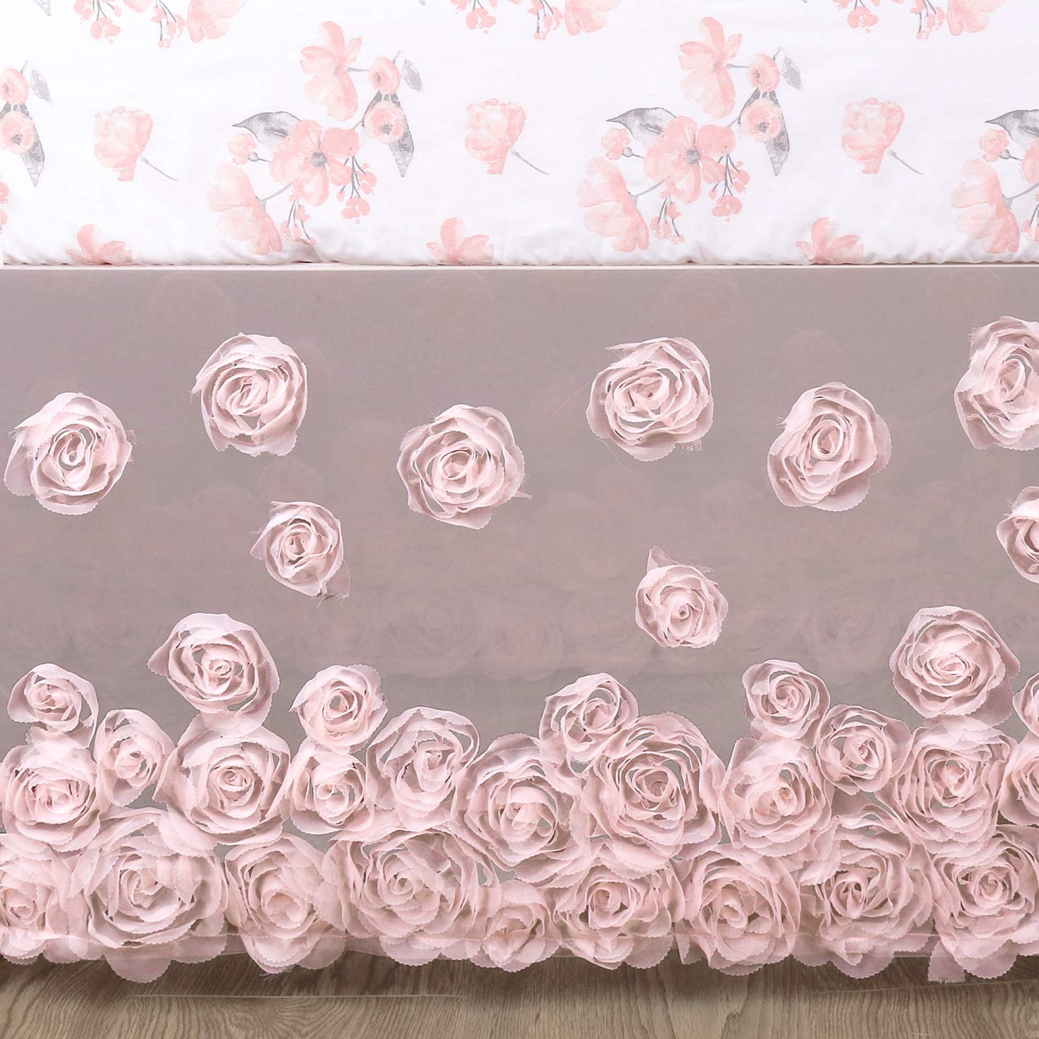 The Peanutshell Brianna Crib Bedding Set for Baby Girls | 3 Piece Pink Floral Nursery Set | Crib Quilt, Crib Sheet, & Dust Ruffle