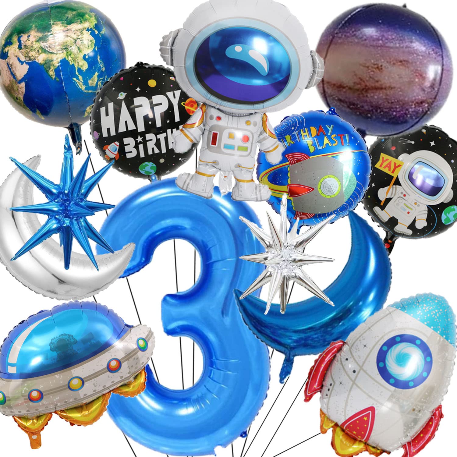 13 PCS Space Theme Birthday Party Decoration - Outer Space Balloons for 3rd Birthday Supplies, Foil Balloons for 40 Inch Blue Number 3 Astronaut Rocket Star Moon Galaxy Earth (3rd)