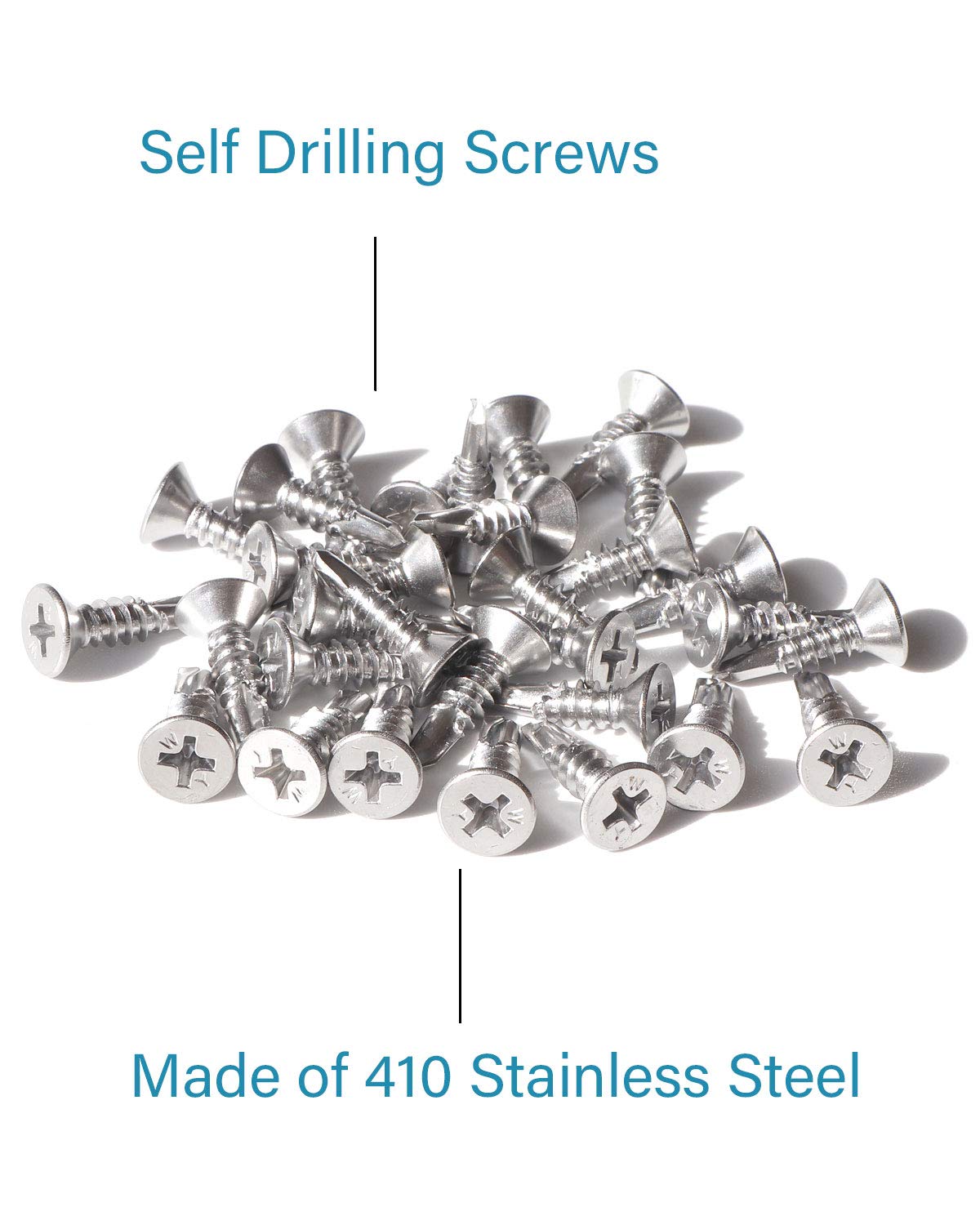 IMScrews 50pcs #8 x 3/4" Stainless Flat Head Phillips Self Drilling Screws, 410 Stainless Steel Full Thread Sheet Metal Tek Wood to Metal Screws