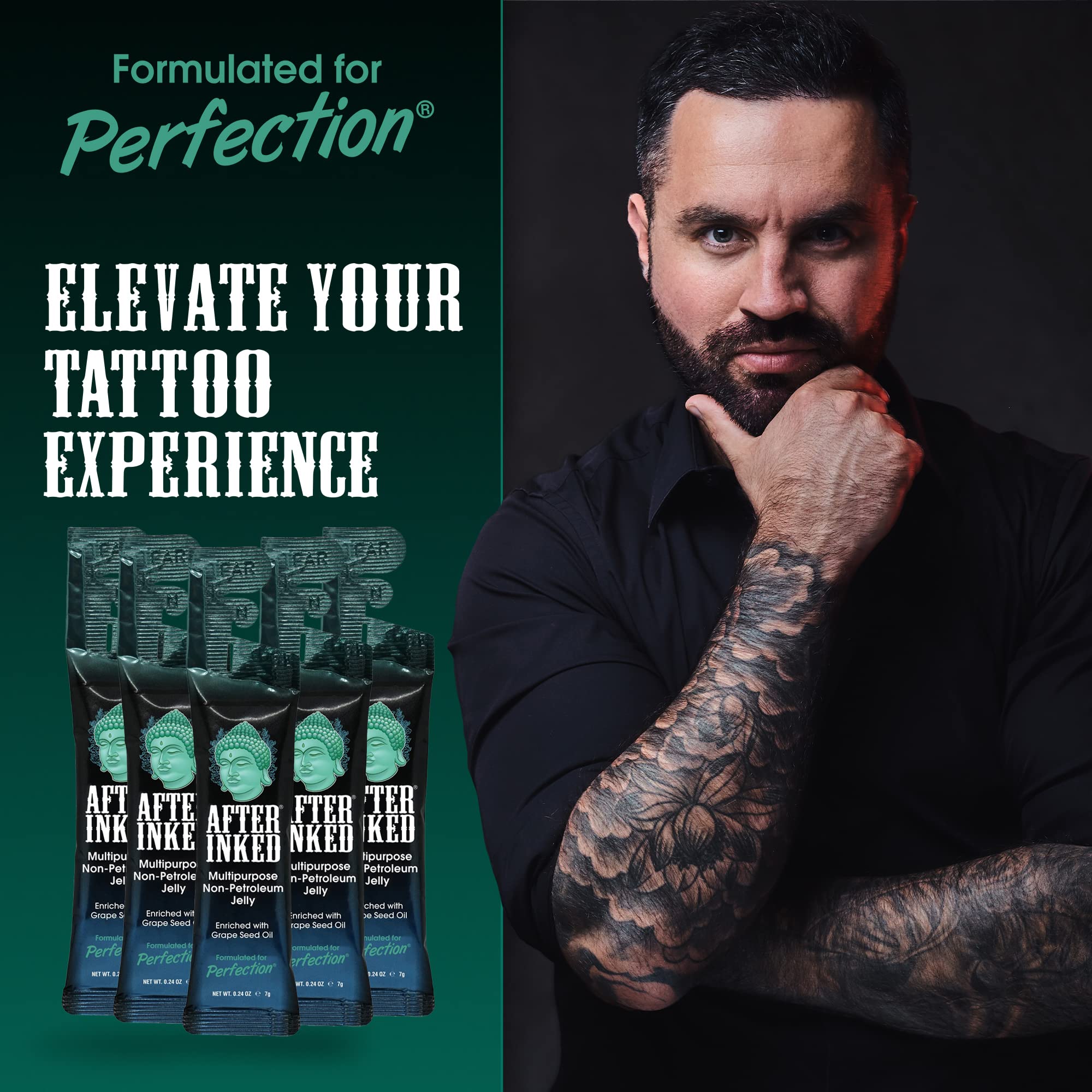 After Inked Tattoo Aftercare Non-Petroleum Jelly - With Grape Seed Oil, Essential for Tattoo Kit, PMU & Piercing Aftercare - Multipurpose Ointment - 7g Reclosable Packet (50-Pack)